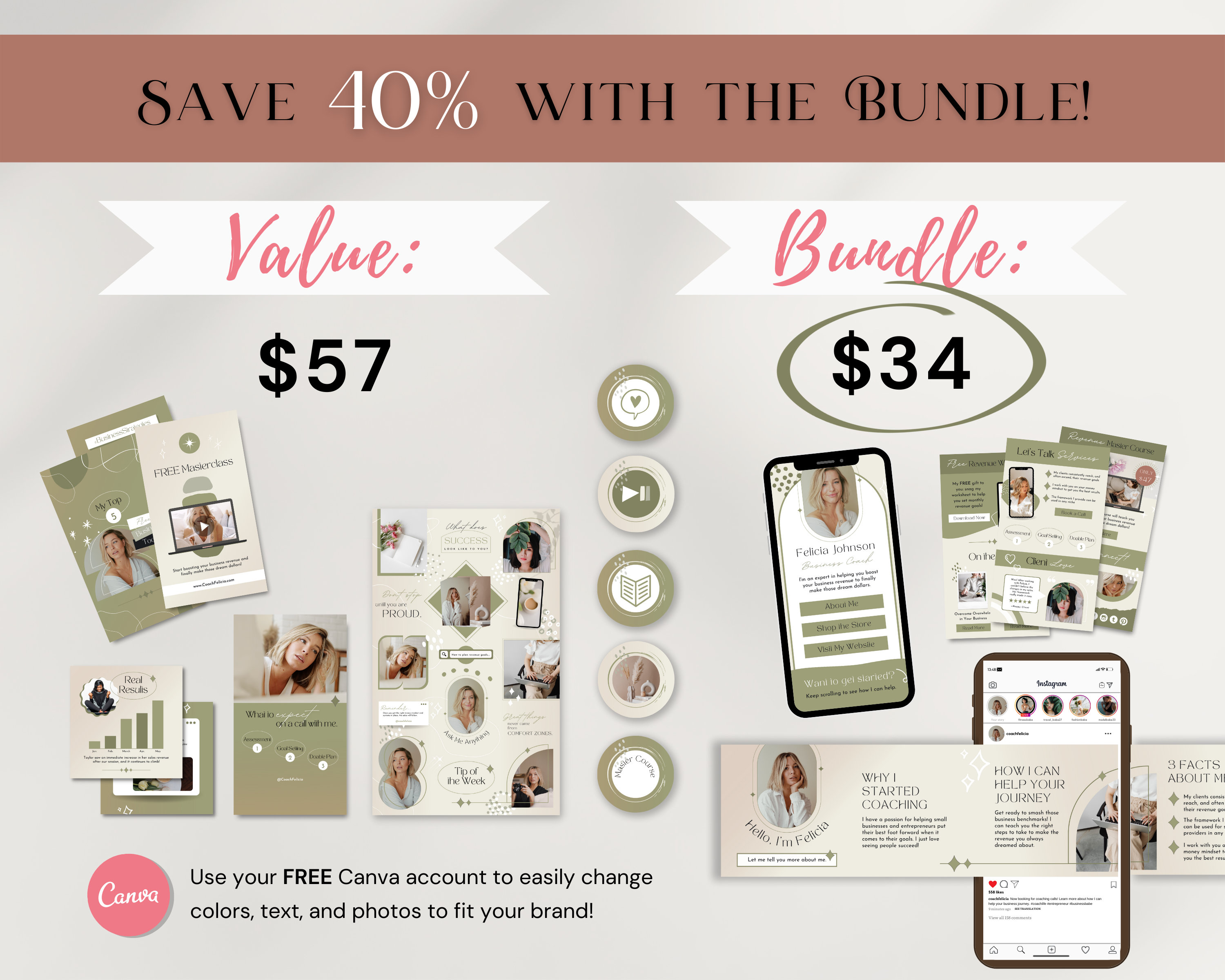 Instagram Template Social Media Bundle for Coaches, Canva Bundle ...