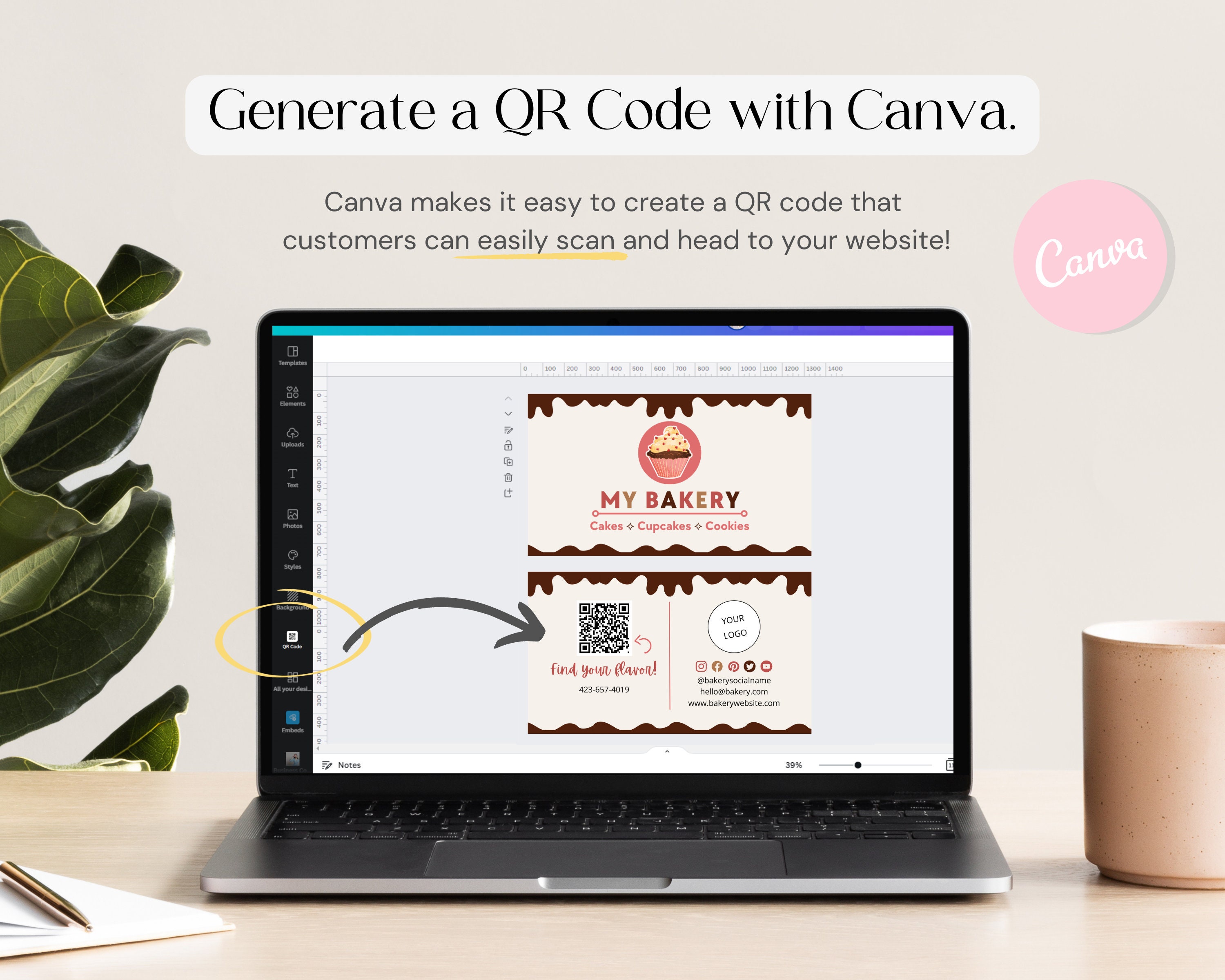 Bakery Business Card With QR Code, Editable Cake Business Card Canva ...