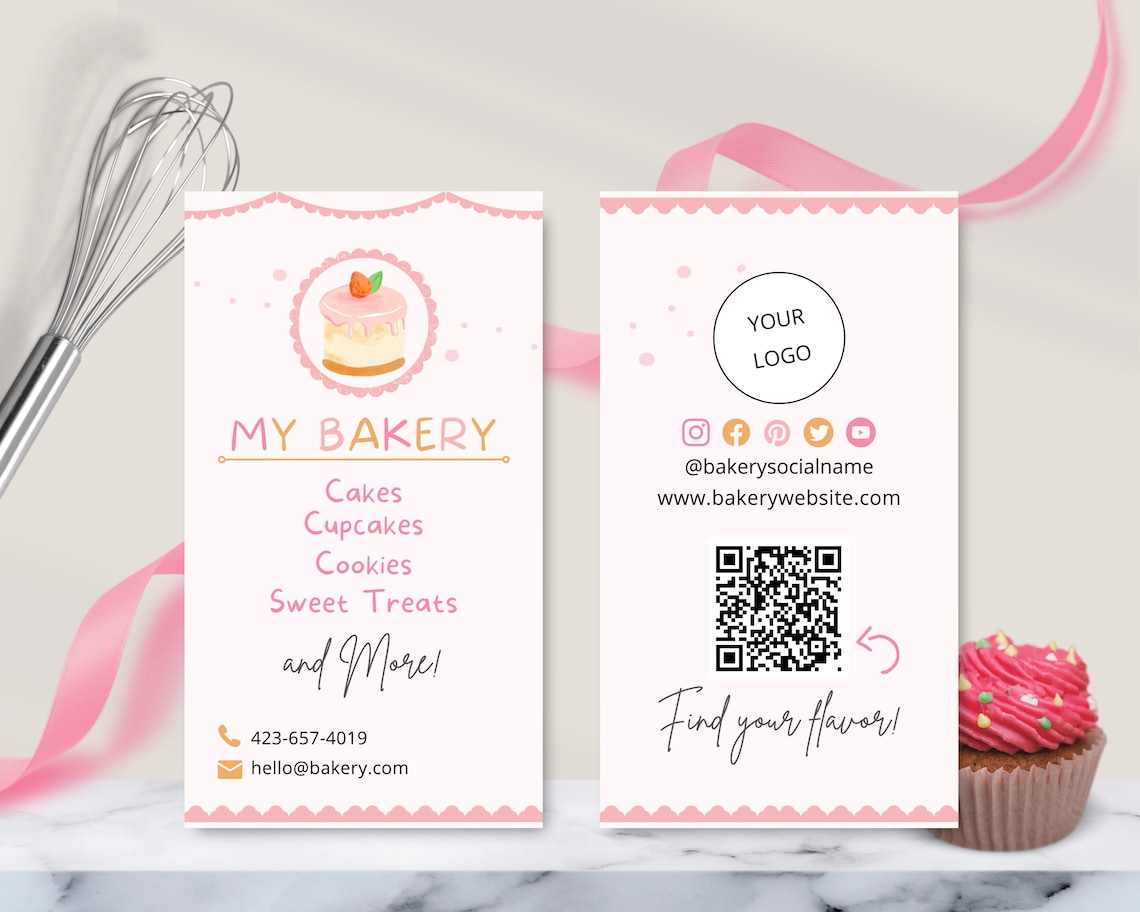 Bakery Business Card QR Code, Vertical DIY Cake Business Card Canva ...
