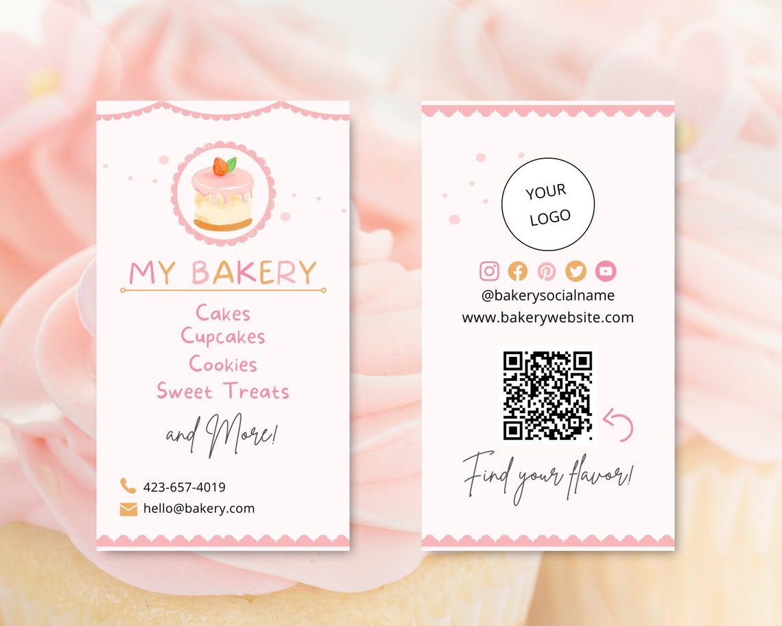 Bakery Business Card QR Code, Vertical DIY Cake Business Card Canva ...