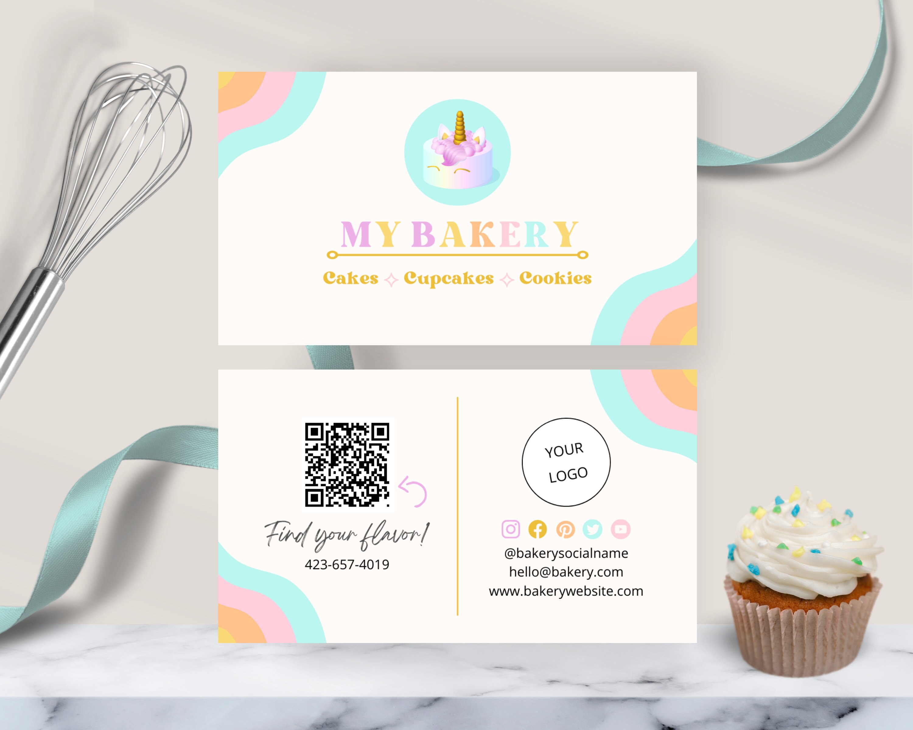 Retro Bakery Business Card With QR Code, Diy Cake Business Card Canva ...
