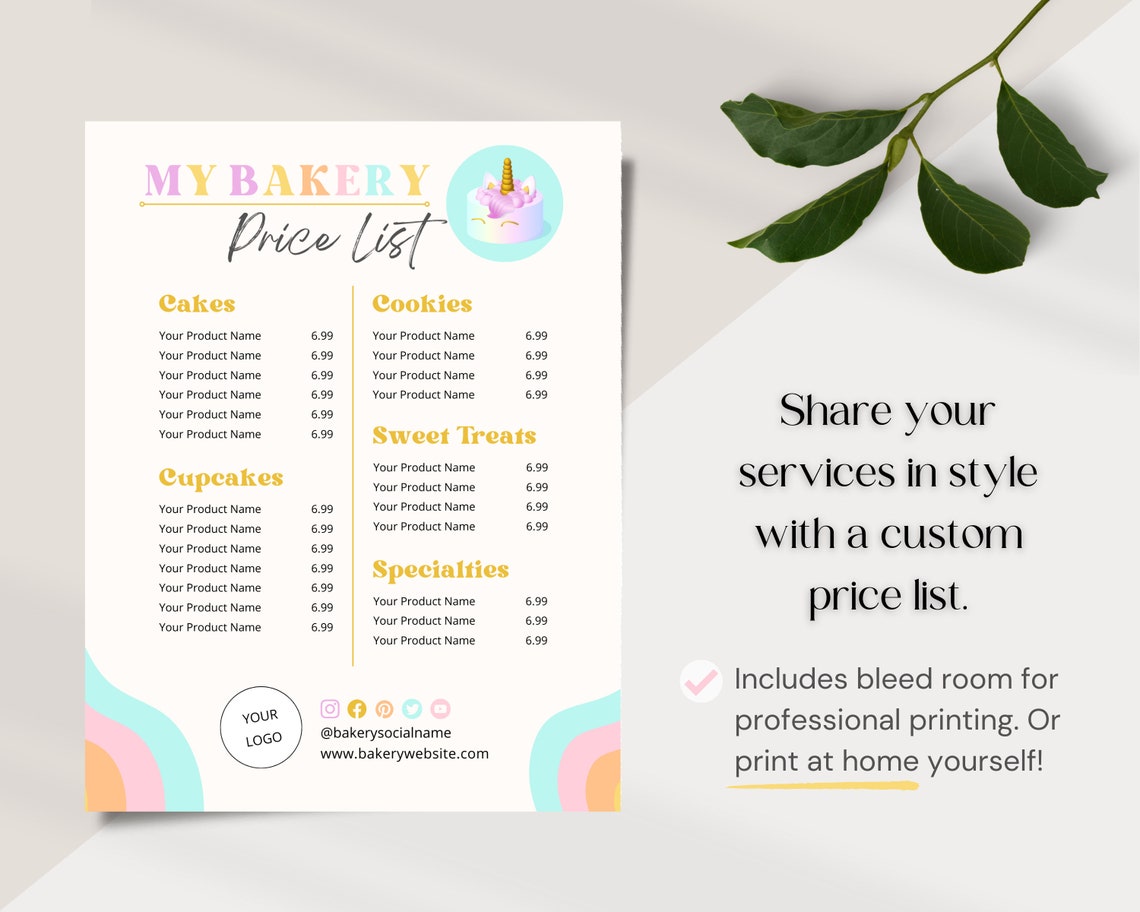 Retro Cake Price List Template for Canva, Cupcake Business Menu, Boho ...