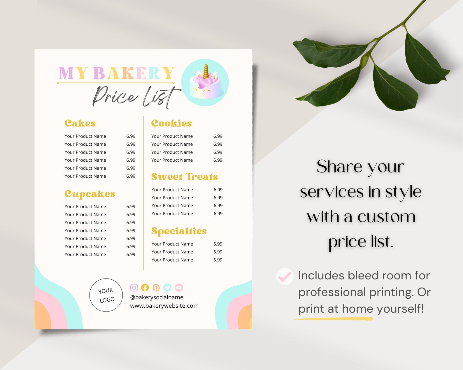 Retro Cake Price List Template for Canva, Cupcake Business Menu, Boho ...