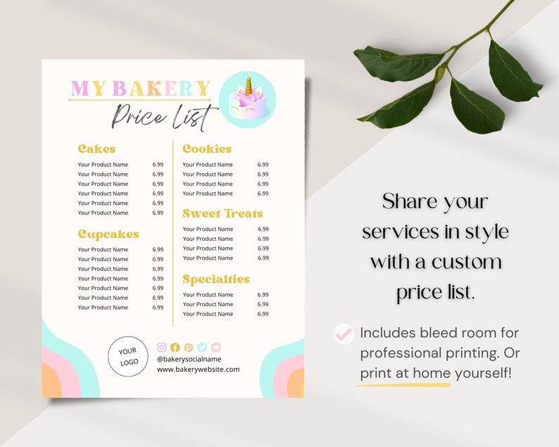 Retro Cake Price List Template for Canva, Cupcake Business Menu, Boho ...