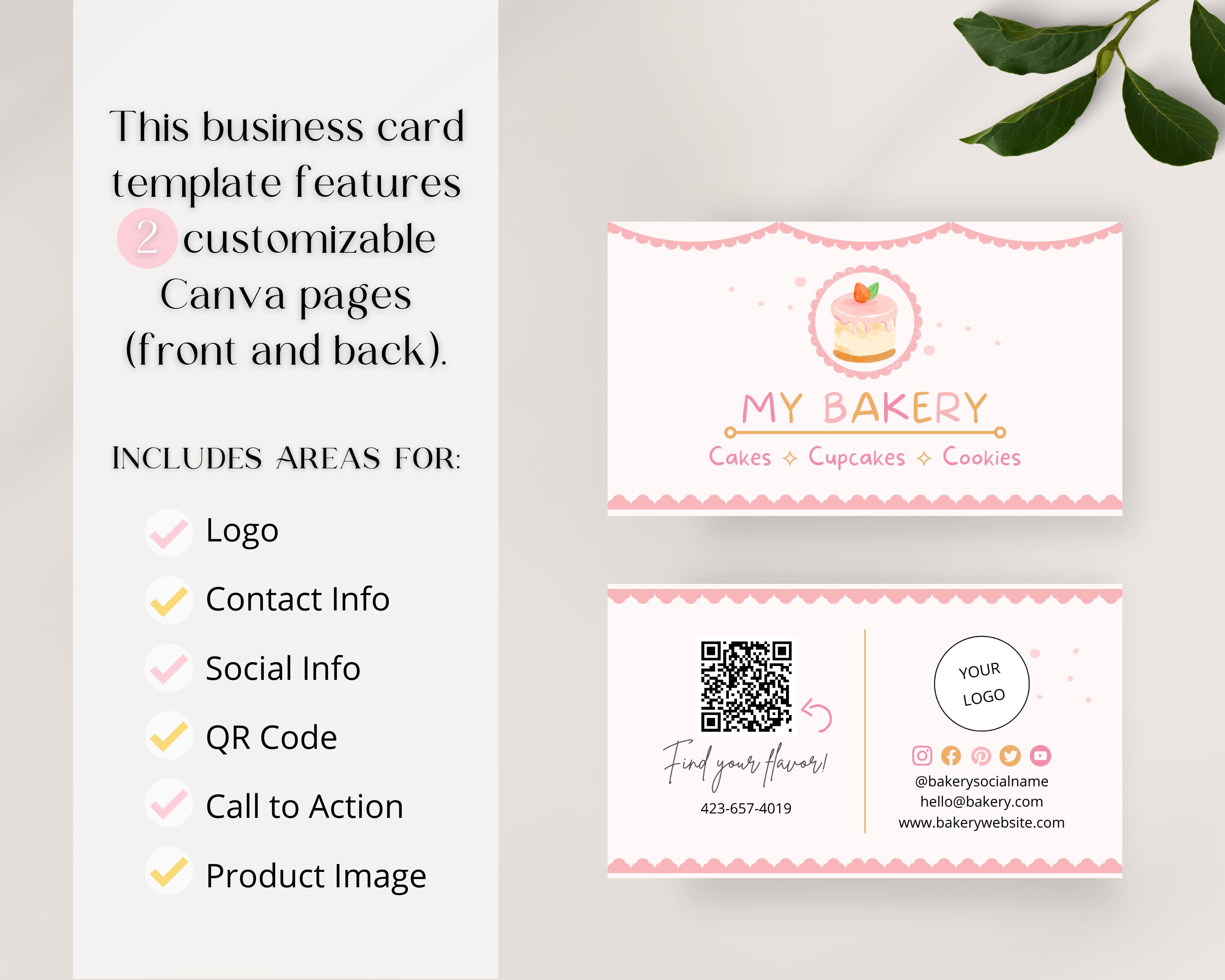 Bakery Business Card With QR Code, Editable Cake Business Card Canva ...