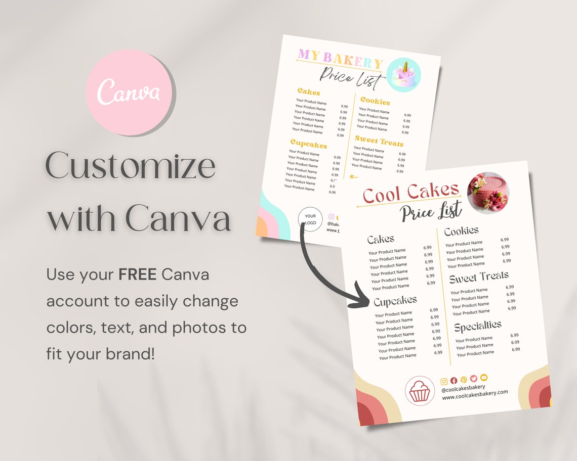Retro Cake Price List Template for Canva, Cupcake Business Menu, Boho ...