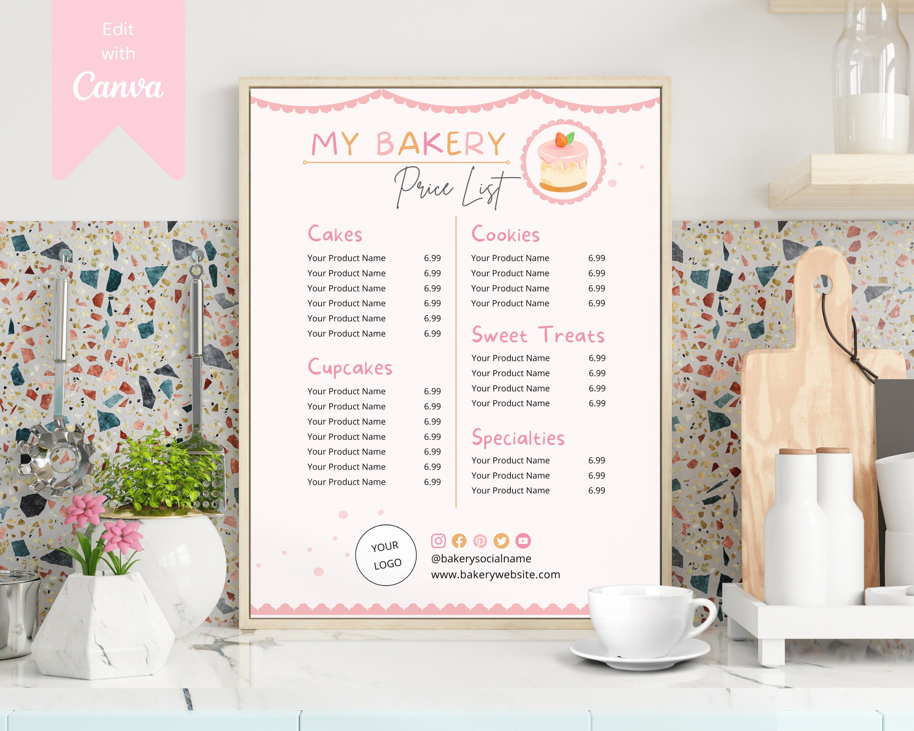 Strawberry Bakery Menu Template for Canva, Cake Price List, Cake ...