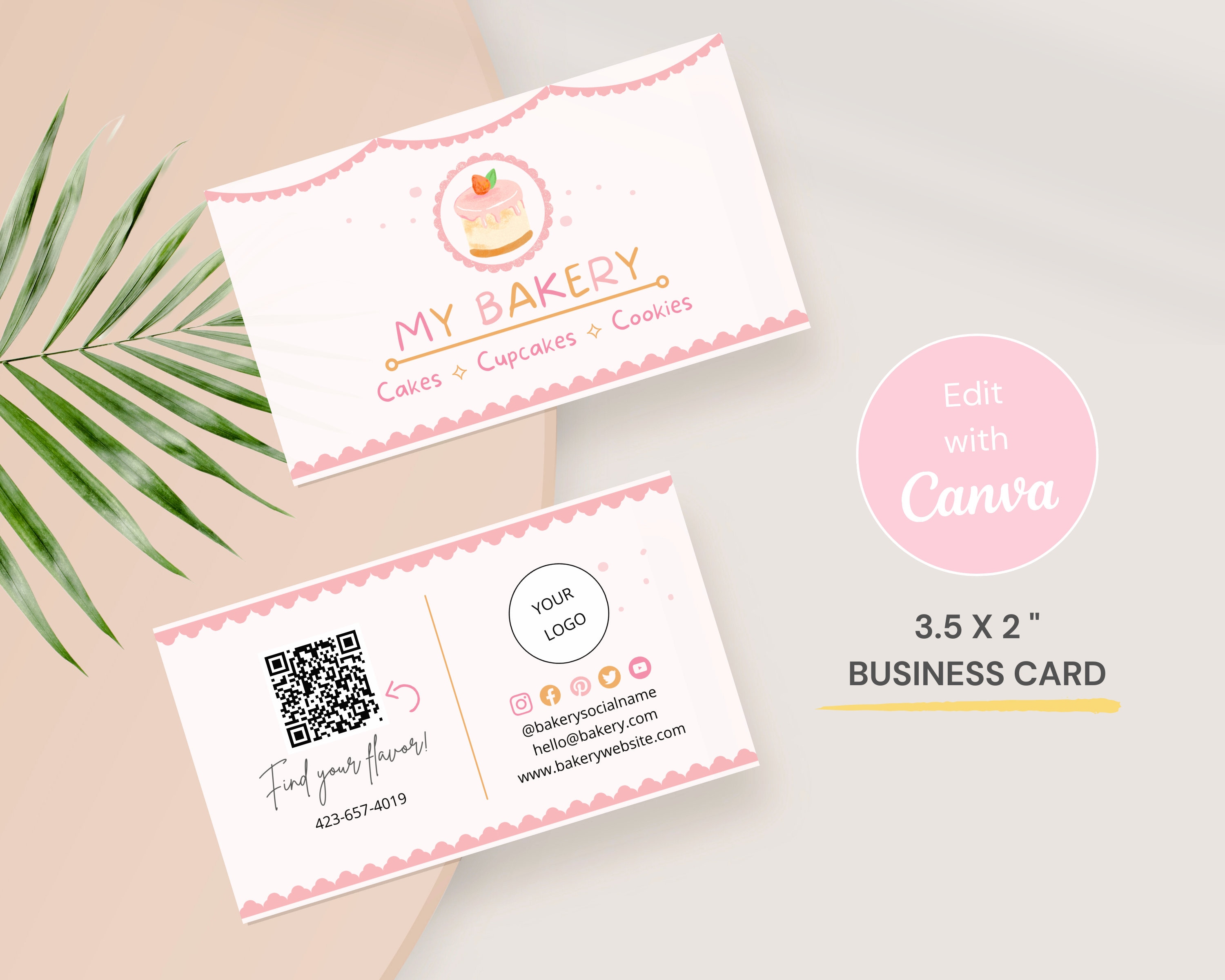 Bakery Business Card With QR Code, Editable Cake Business Card Canva ...