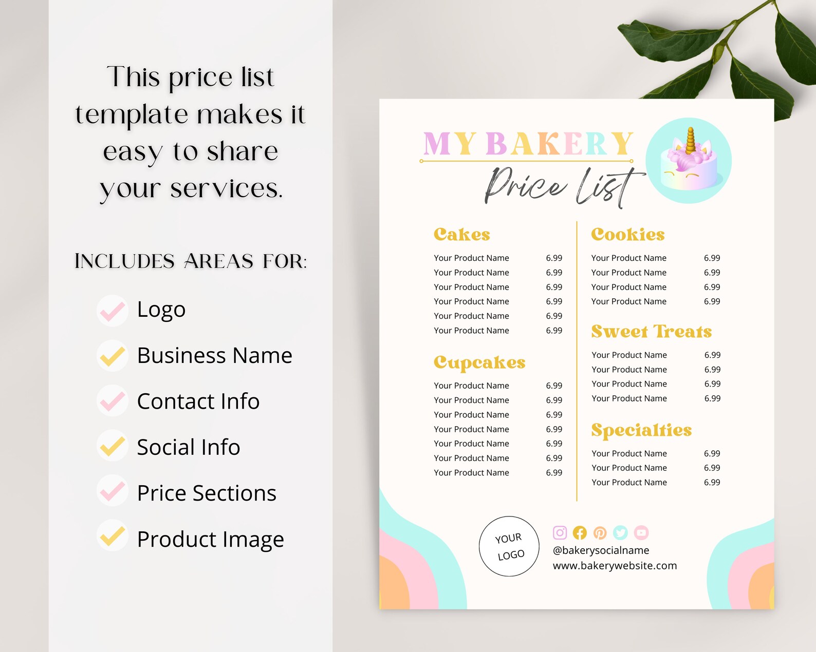 Retro Cake Price List Template for Canva, Cupcake Business Menu, Boho ...