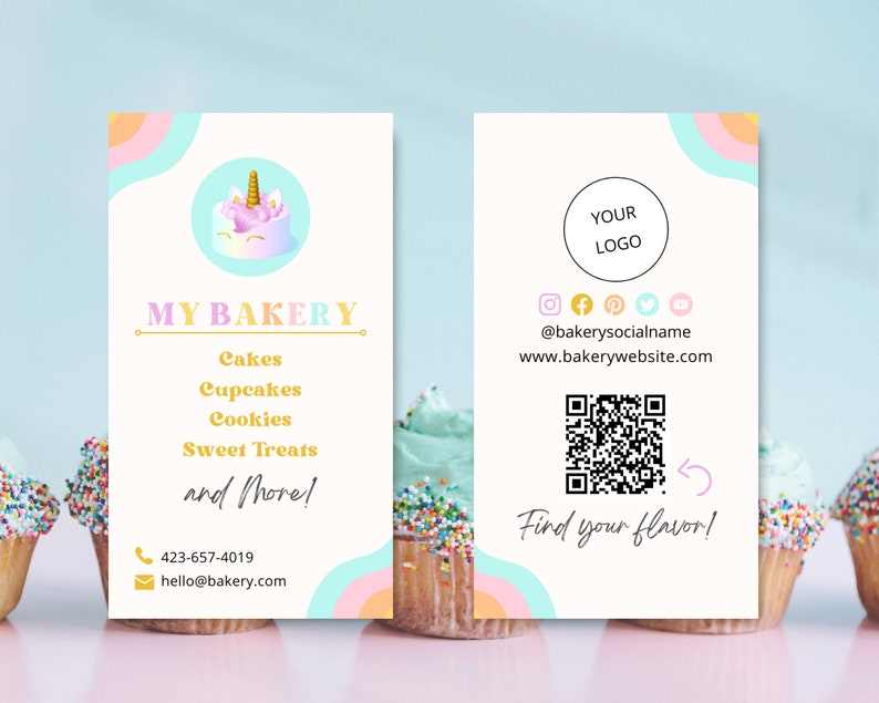 Retro Bakery Business Card With QR Code, Vertical DIY Cake Business ...