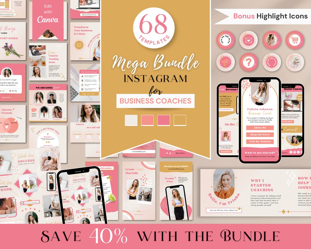 Instagram Template Social Media Bundle for Coaches, Canva Bundle ...