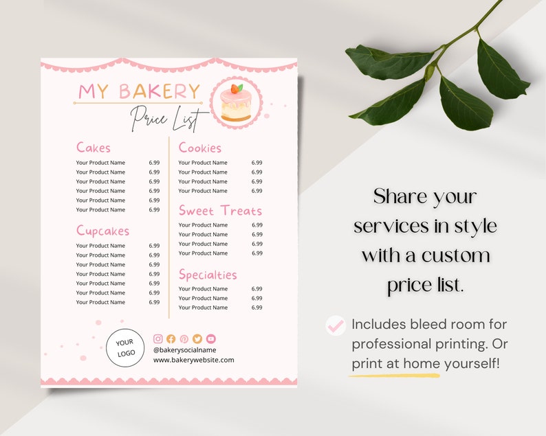 Strawberry Bakery Menu Template for Canva, Cake Price List, Cake ...