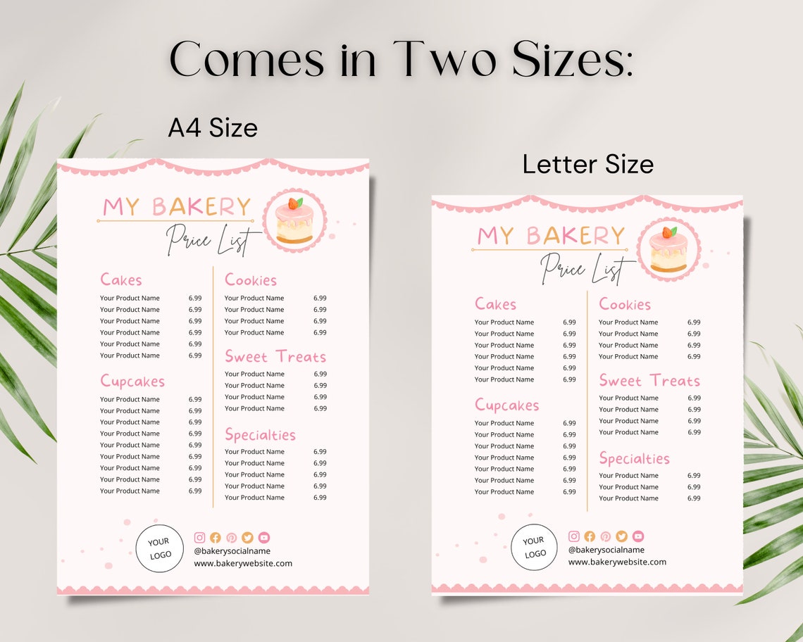 Strawberry Bakery Menu Template for Canva, Cake Price List, Cake ...
