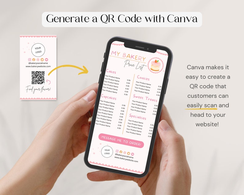Bakery Business Card QR Code, Vertical DIY Cake Business Card Canva ...