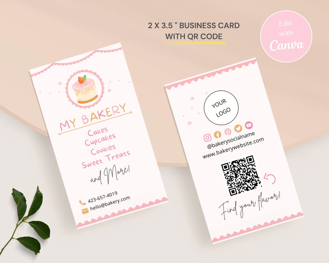 Bakery Business Card QR Code, Vertical DIY Cake Business Card Canva ...