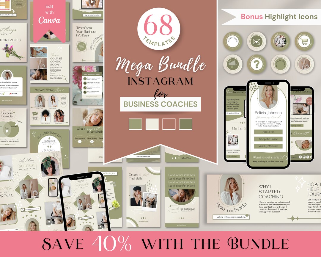 Instagram Template Social Media Bundle for Coaches, Canva Bundle ...
