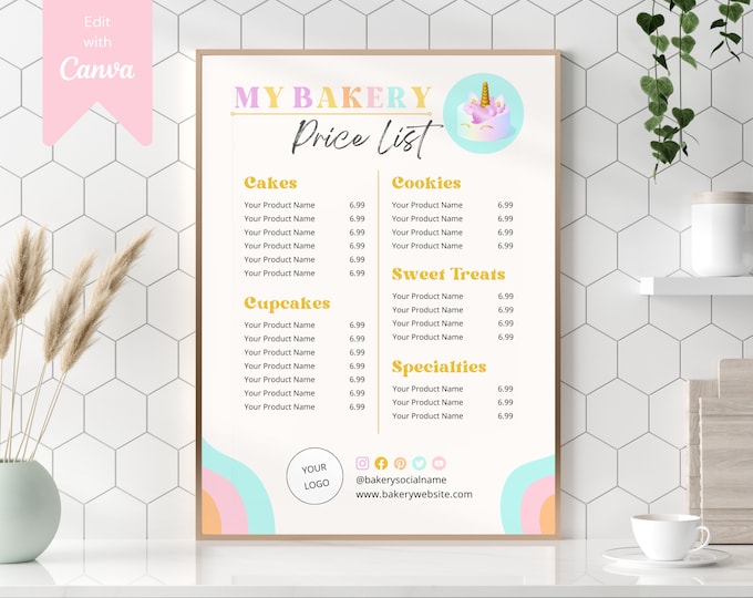 Retro Cake Price List Template for Canva, Cupcake Business Menu, Boho ...