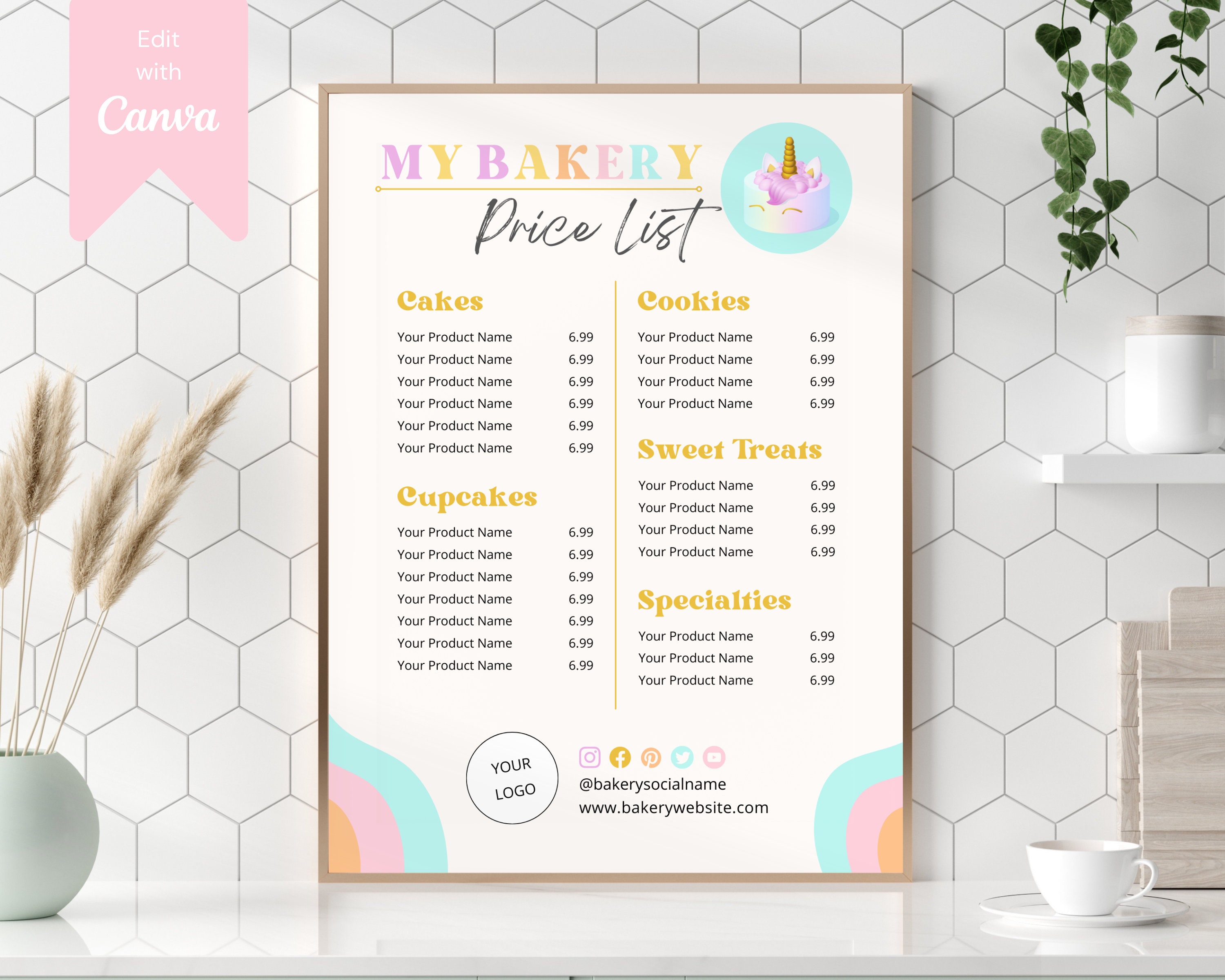 Retro Cake Price List Template for Canva, Cupcake Business Menu, Boho ...
