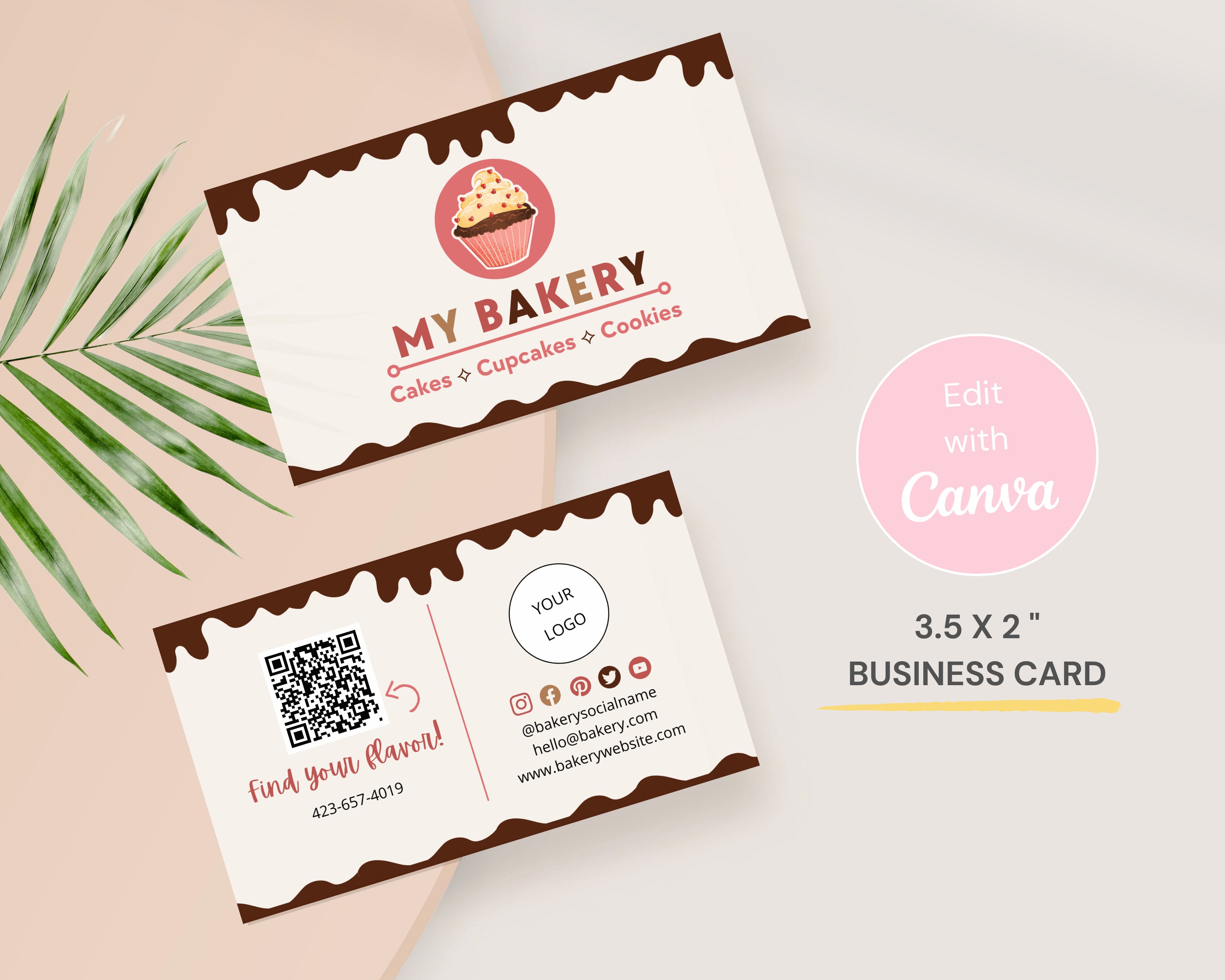 Bakery Business Card With QR Code, Editable Cake Business Card Canva ...