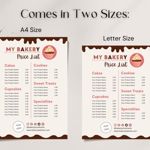 Chocolate Bakery Menu Template for Canva, Cake Price List, Cupcake ...