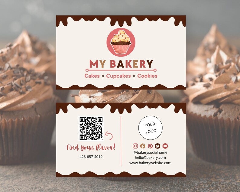 Bakery Business Card With QR Code, Editable Cake Business Card Canva ...