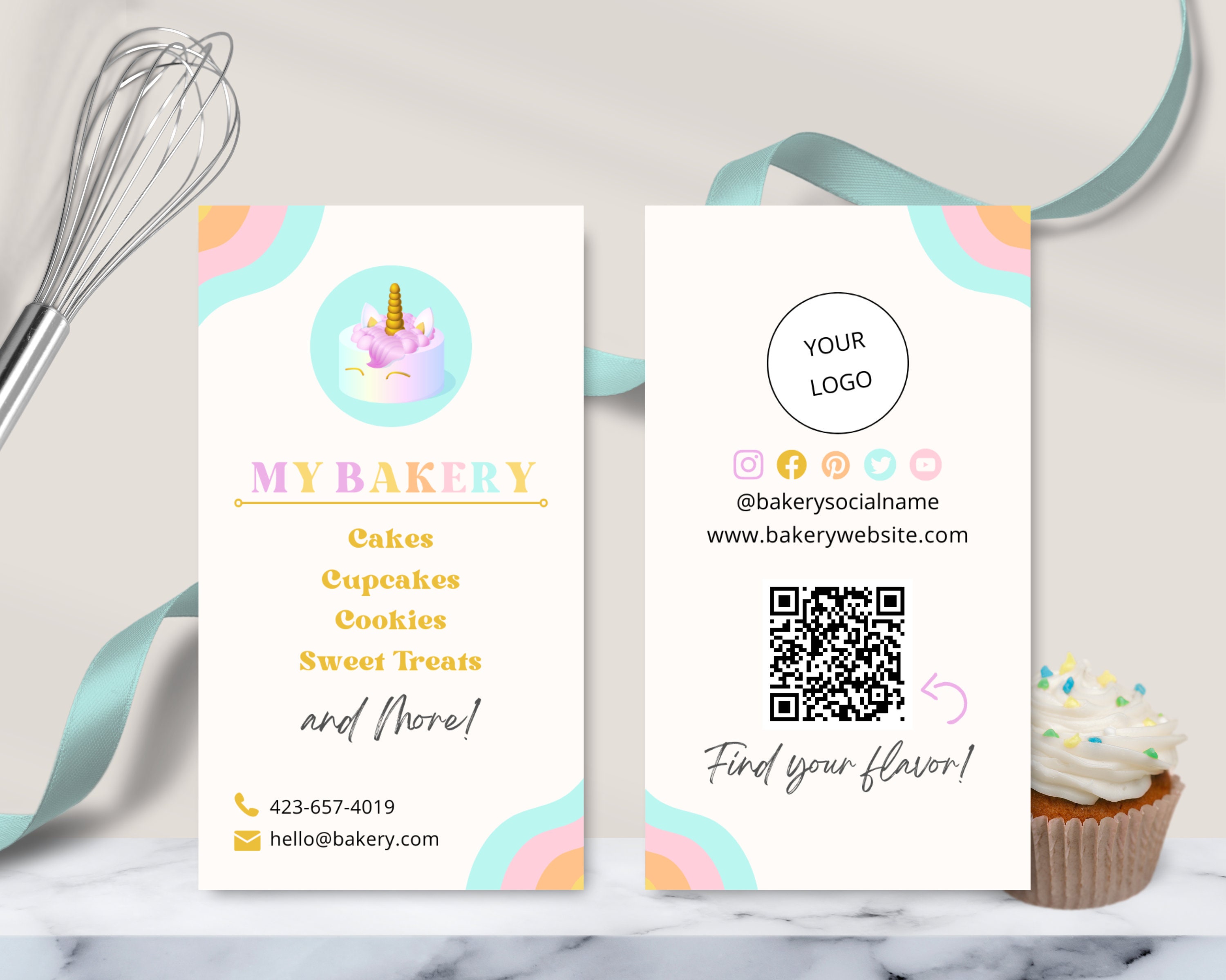 Retro Bakery Business Card With QR Code, Vertical DIY Cake Business ...