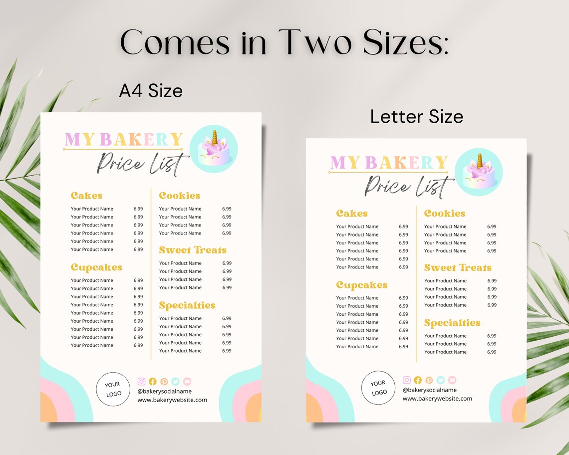 Retro Cake Price List Template for Canva, Cupcake Business Menu, Boho ...