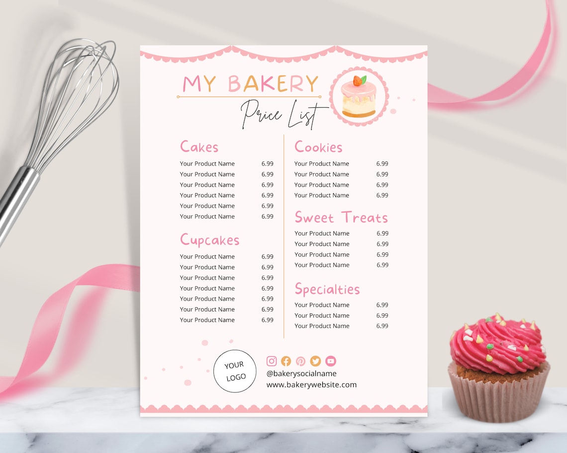 Strawberry Bakery Menu Template for Canva, Cake Price List, Cake ...