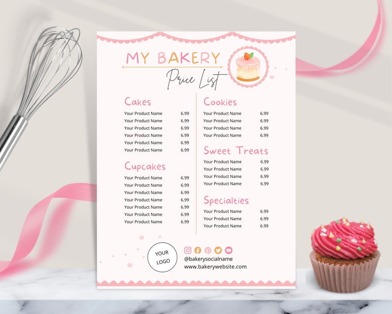 Strawberry Bakery Menu Template for Canva, Cake Price List, Cake ...