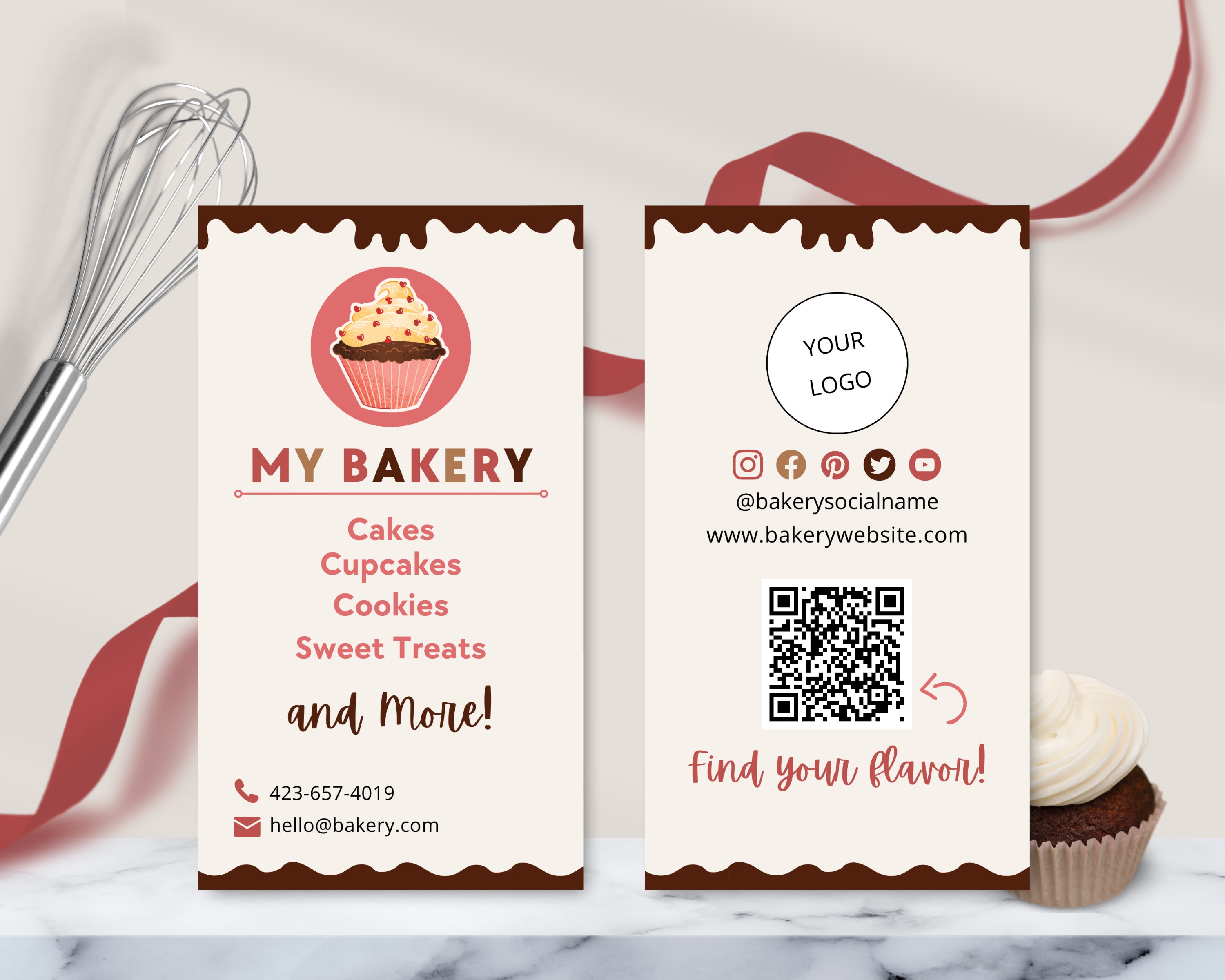 Bakery Business Card With QR Code, Vertical DIY Cake Business Card ...