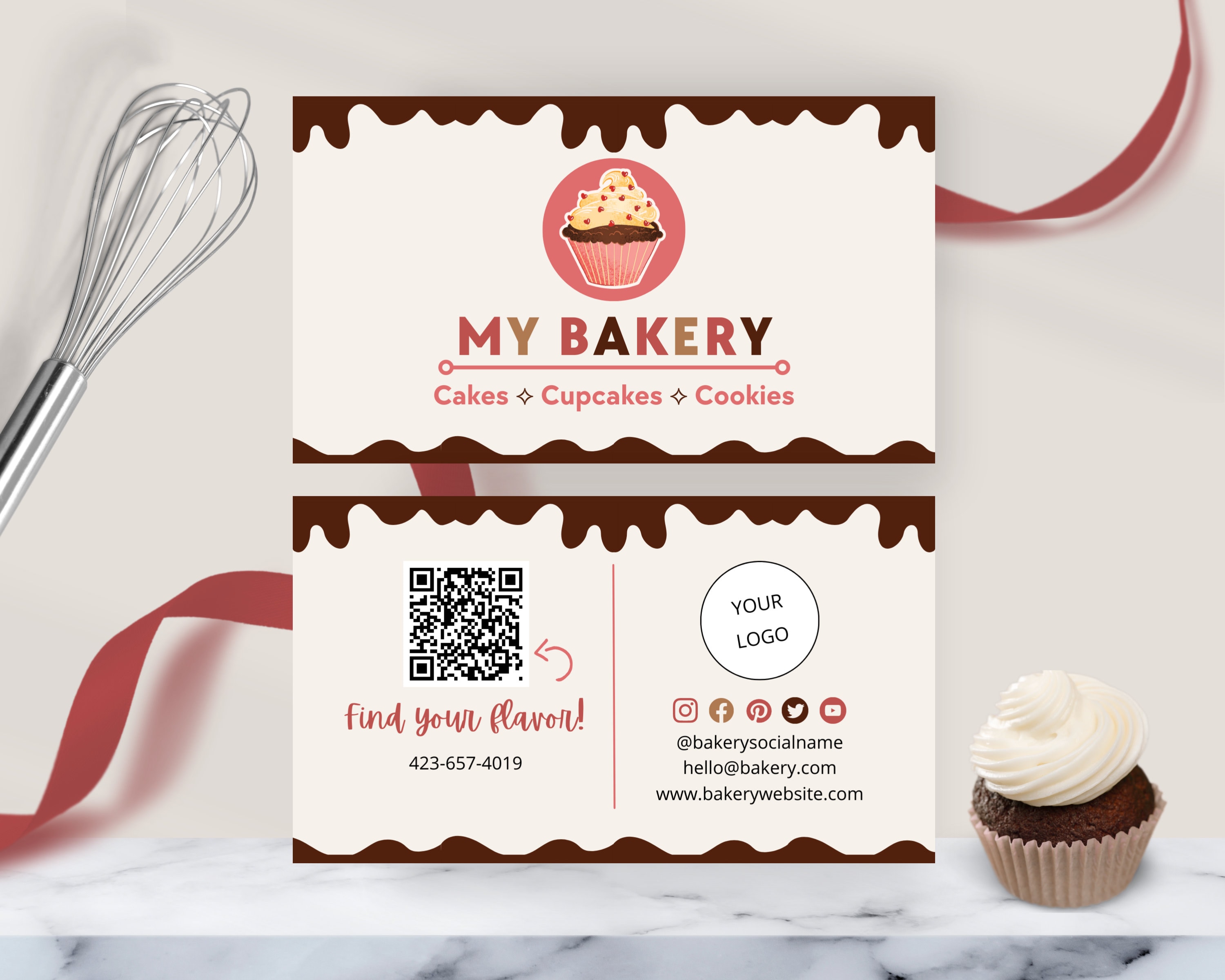 Bakery Business Card With QR Code, Editable Cake Business Card Canva ...