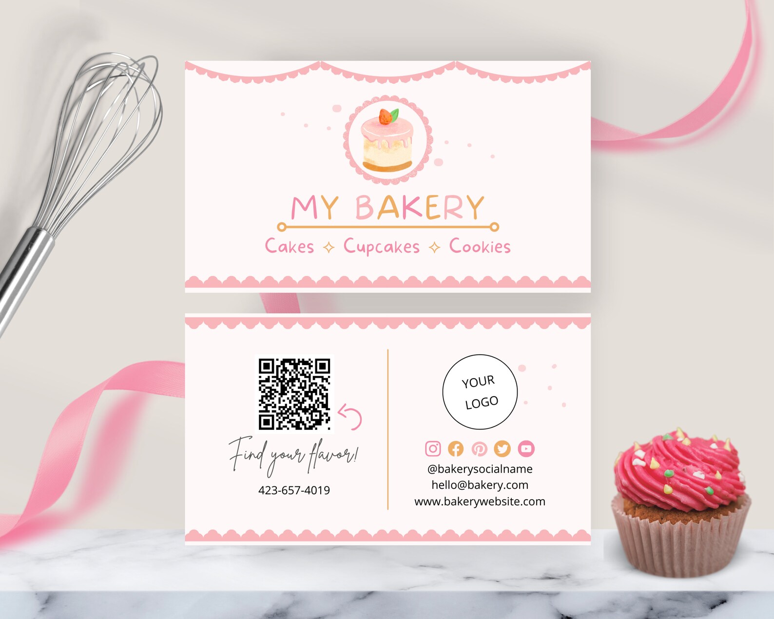 Bakery Business Card With QR Code, Editable Cake Business Card Canva ...