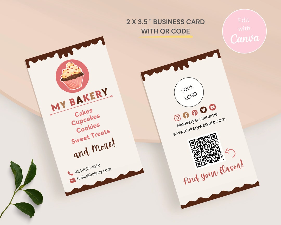Bakery Business Card With QR Code, Vertical DIY Cake Business Card ...