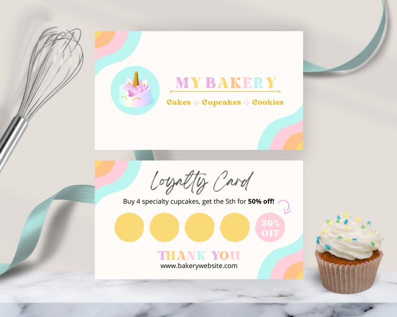 Retro Cake Loyalty Card for Bakery Business, Bakery Branding Cupcake ...