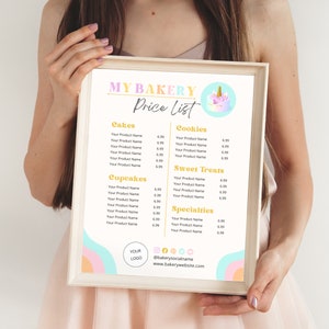 Retro Cake Price List Template for Canva, Cupcake Business Menu, Boho ...