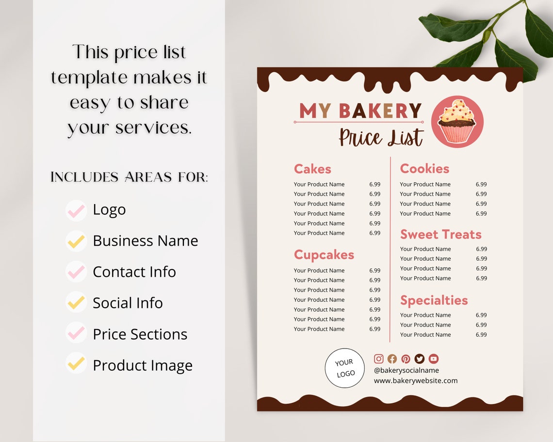 Chocolate Bakery Menu Template for Canva, Cake Price List, Cupcake ...