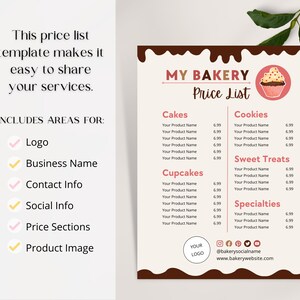 Chocolate Bakery Menu Template for Canva, Cake Price List, Cupcake ...