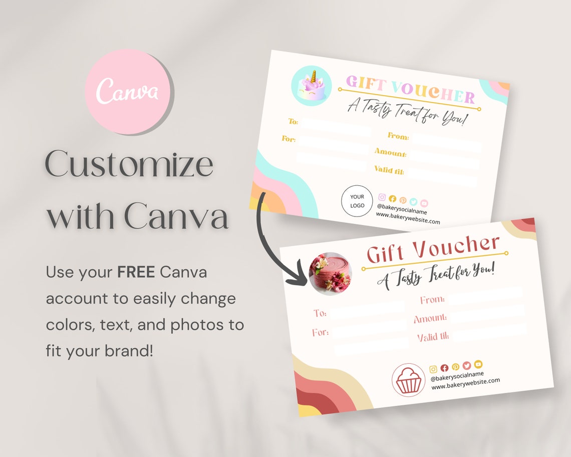 Retro Bakery Gift Card Template for Canva, Cake Business DIY Gift ...