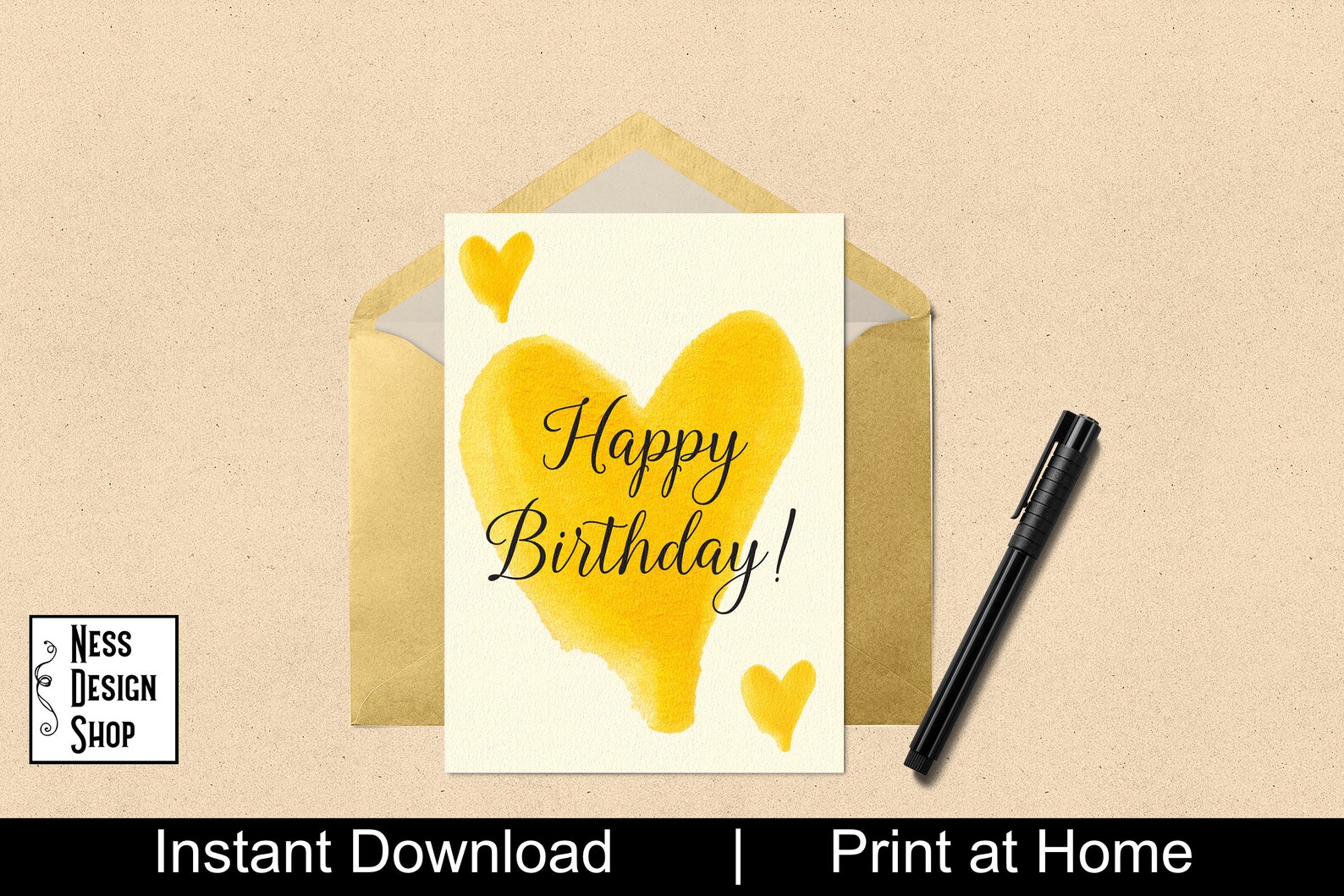 Printable Birthday Greeting Card- Happy Birthday Yellow Watercolor ...