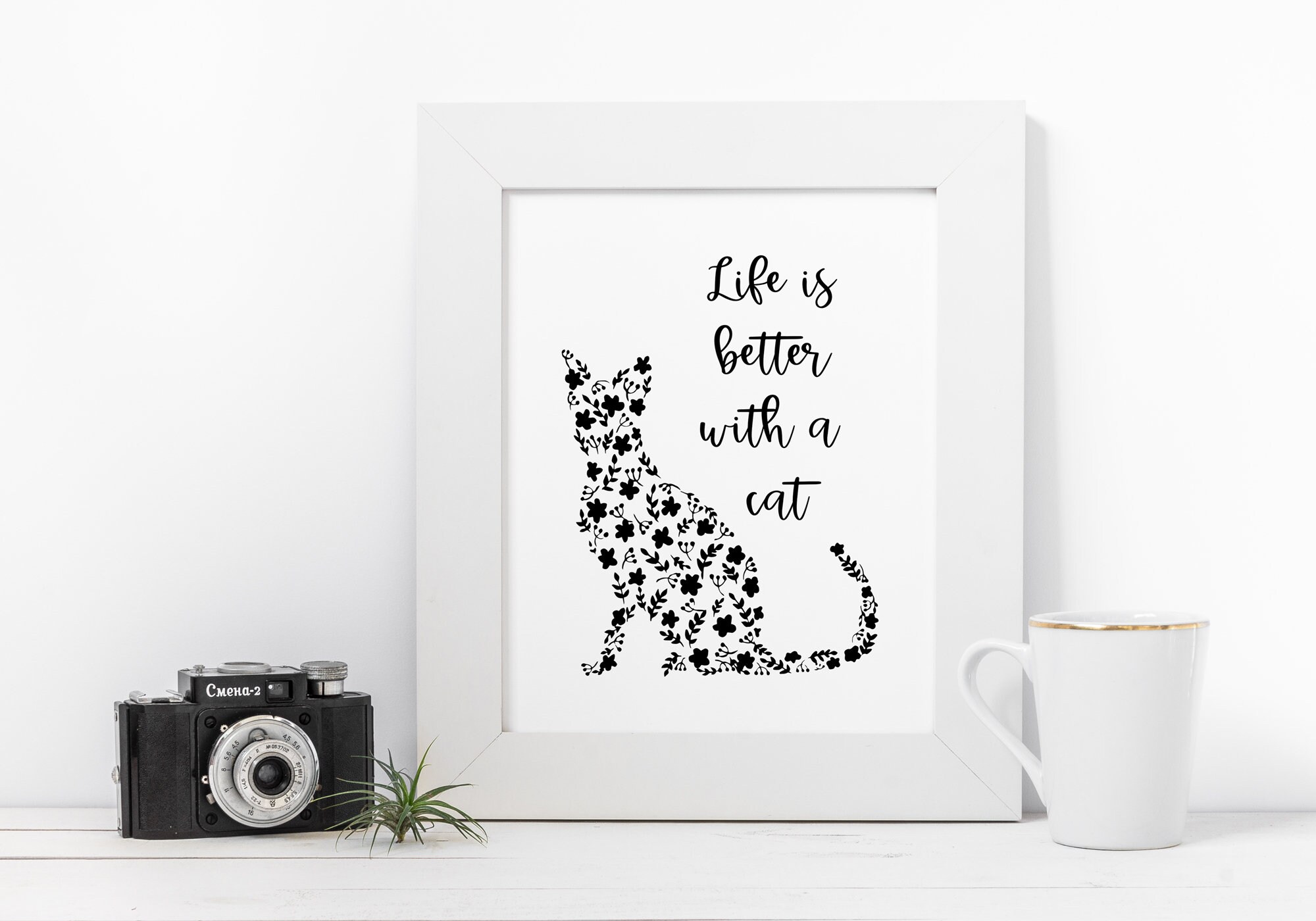 Cat Printable, Printable Cat Wall Art, Cat and Flowers, Minimalist Wall ...