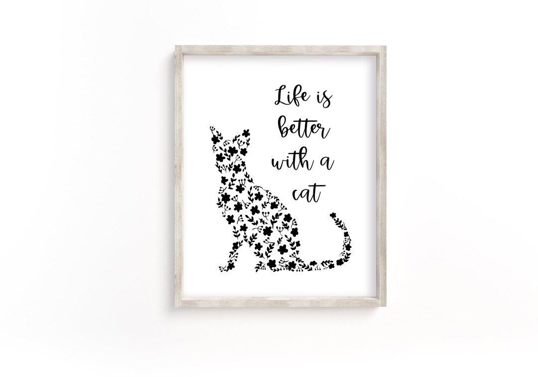 Cat Printable, Printable Cat Wall Art, Cat and Flowers, Minimalist Wall ...