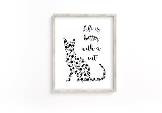 Cat Printable Printable Cat Wall Art Cat and Flowers | Etsy