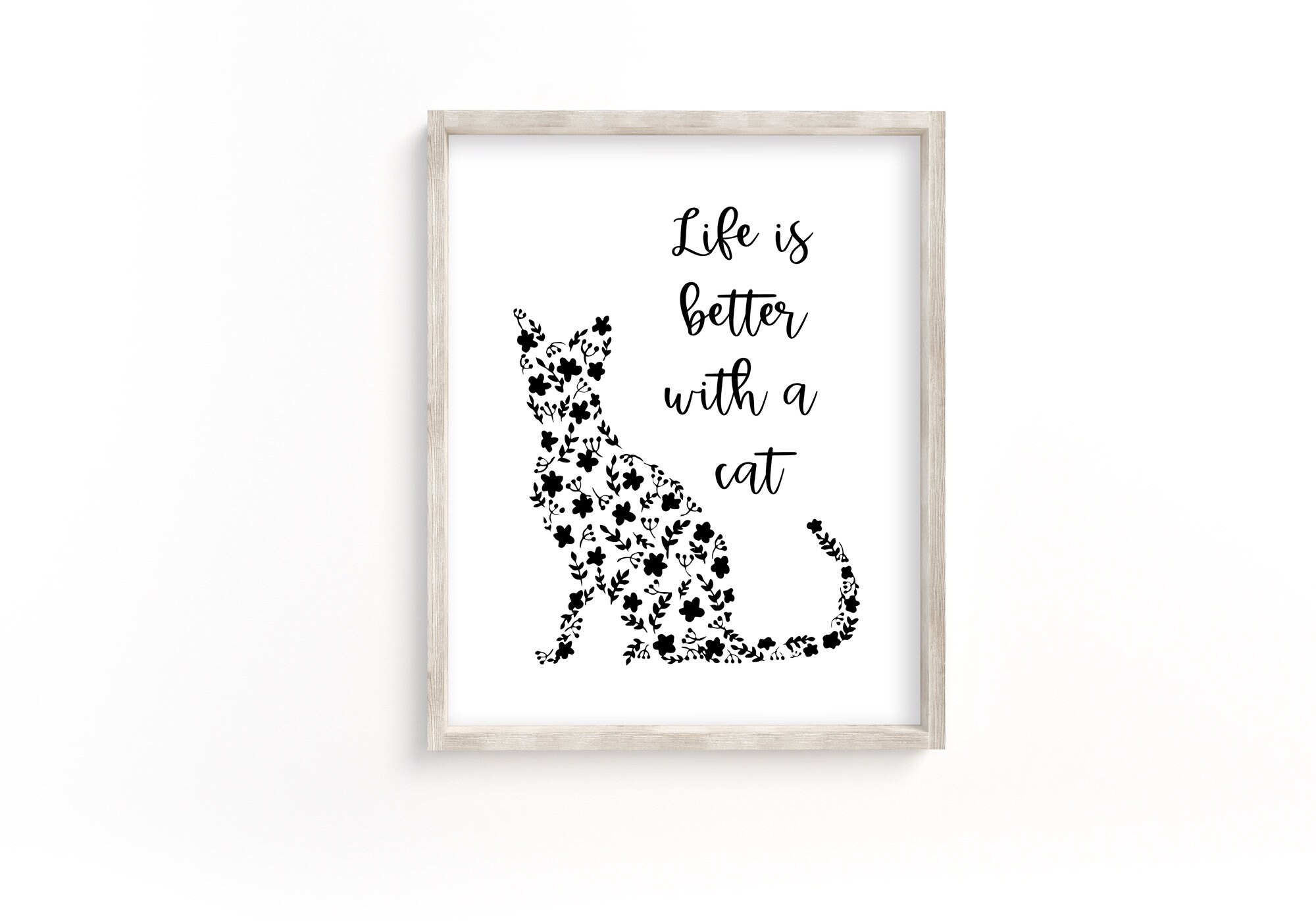 Cat Printable, Printable Cat Wall Art, Cat and Flowers, Minimalist Wall ...