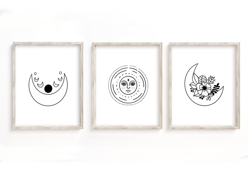 Set of 3 Celestial Printables. Flower Moon, Moon Phases and Sun ...