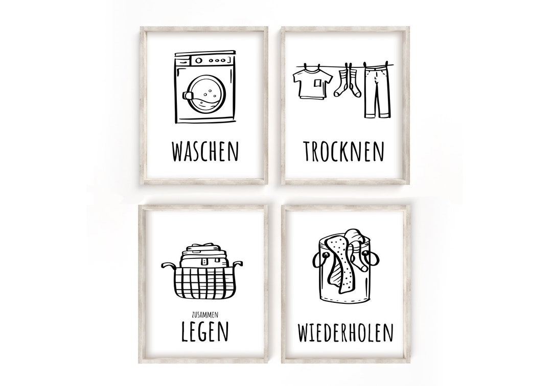 Wash Dry Fold Repeat in German, Set of 4 Prints for Laundry, Laundry ...
