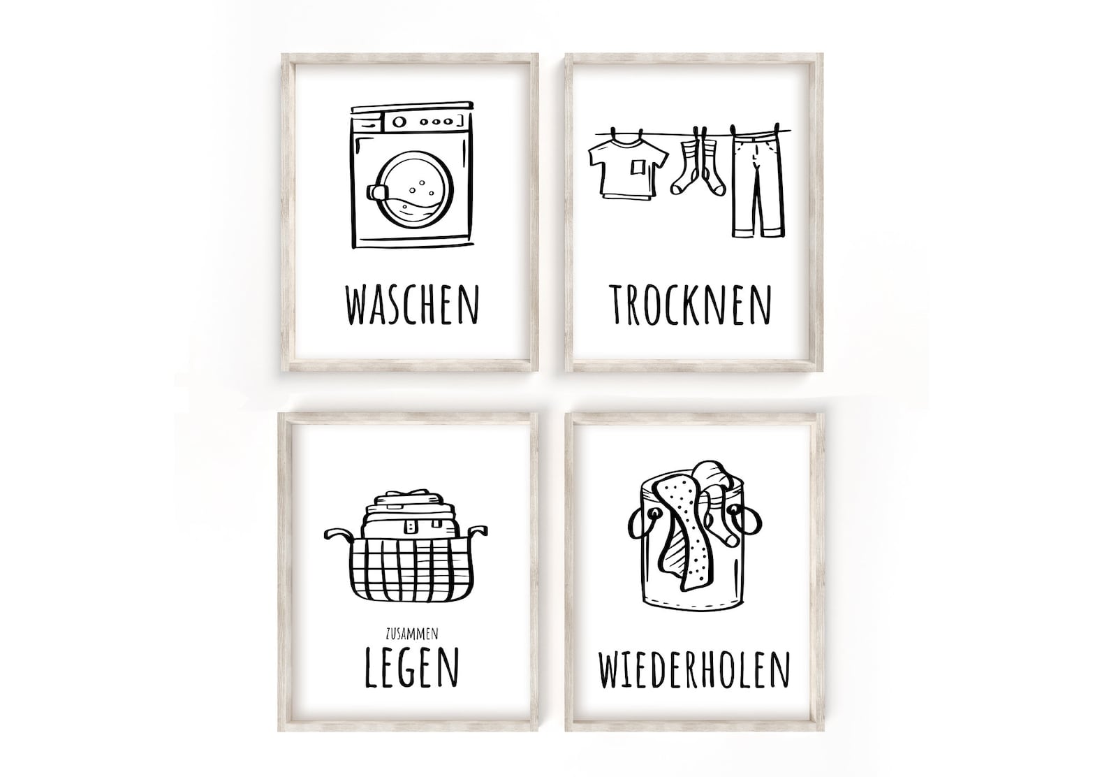 Wash Dry Fold Repeat in German, Set of 4 Prints for Laundry, Laundry ...