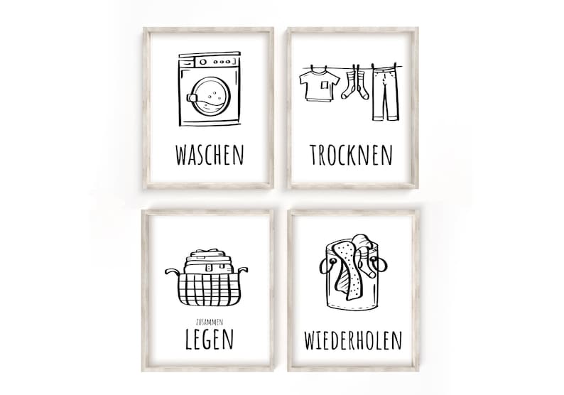 Wash Dry Fold Repeat in German, Set of 4 Prints for Laundry, Laundry ...
