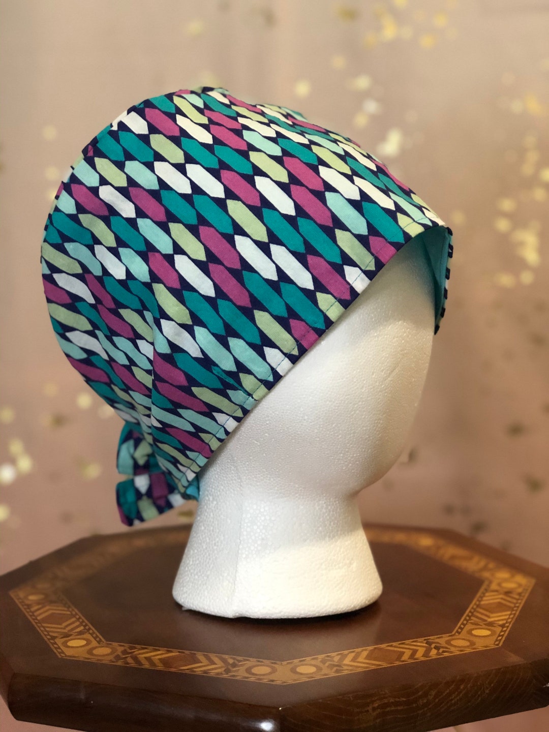 Surgical Cap Blue Pink Patterned With Fabric Ties Buttons - Etsy