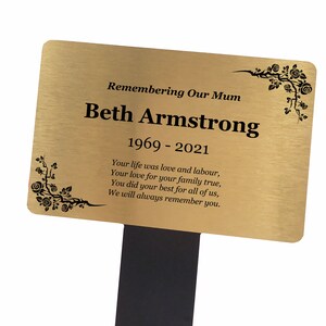 Personalised Roses Memorial Plaque Grave Marker for Cemetery or Garden ...