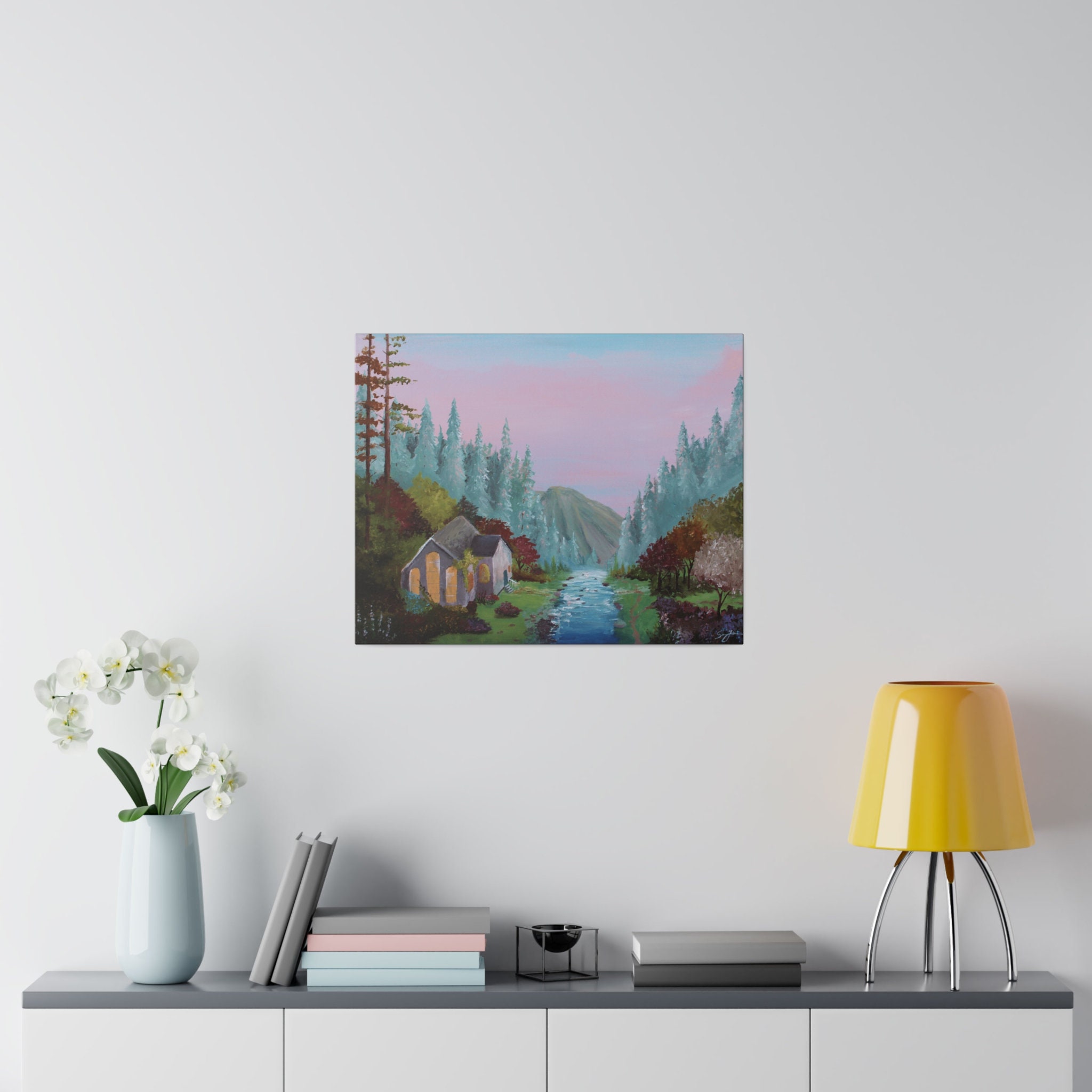 Pink Cottage Core Aesthetic Landscape Painting Canvas Print Cute ...